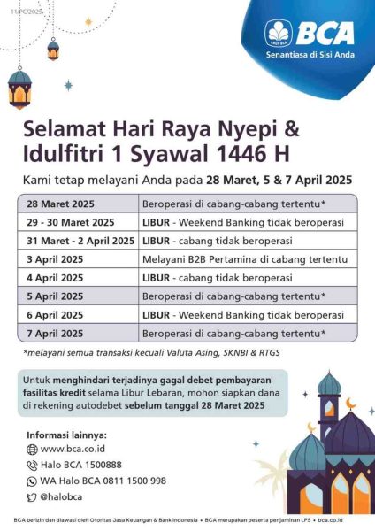 Jadwal Operasional BCA pada Libur dan Cuti Bersama Nyepi hingga Idulfitri 2025 – Beritaindonesia.id